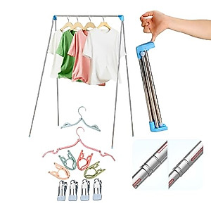 Portable Travel Garment Rack, Upgraded Easy Folding Mini Drying Clothes Rack, Retractable Drying Rack for Laundry, Travel, Camping, Hotel, Dance + 4 Folding Coat Hangers + 4 Clothespins (Compact)