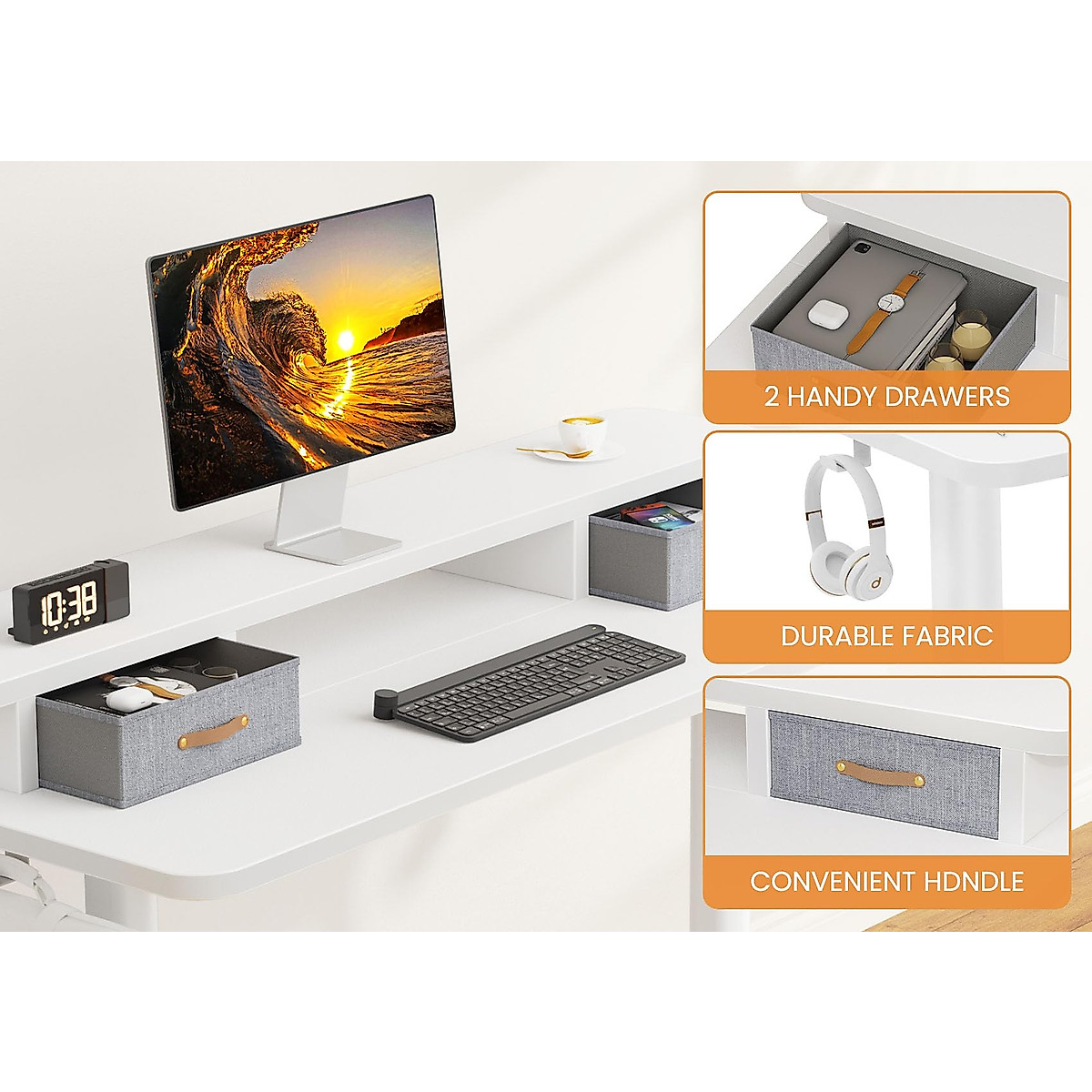 Flycity Electric Standing Desk with Dual Drawers, 55" x 24" Height Adjustable Desk Sit Stand Desk with Memory Controller, Casters & 2 Hooks, Ergonomic Low Noise Home Office Desk, White