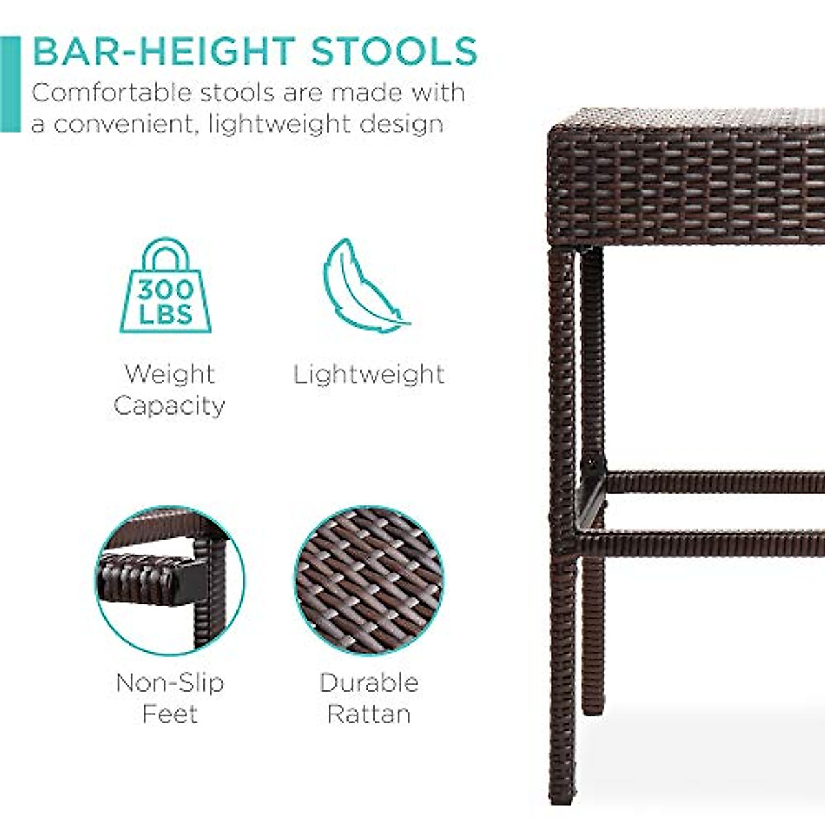 Best Choice Products 5-Piece Outdoor Wicker Bar Table Set for Patio, Poolside, Backyard w/Built-in Bottle Opener, Hidden Storage Shelf, Metal Tabletop, 4 Stools - Brown