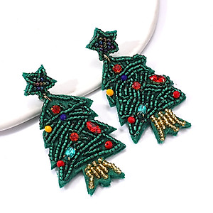 Christmas Earrings for Women Beaded Rhinestone Christmas Tree Dangle Earrings Xmas Santa Holiday Gifts for Women Red Tree