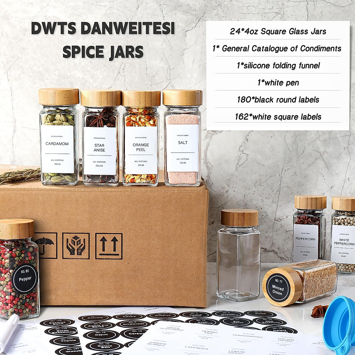 DWTS DANWEITESI 24 Pcs Spice Jars with Label-4oz Glass Spice Jars with Bamboo Lids,Spice Bottles Empty Glass With Labels, Kitchen Empty Spice Jars with Shaker Lids