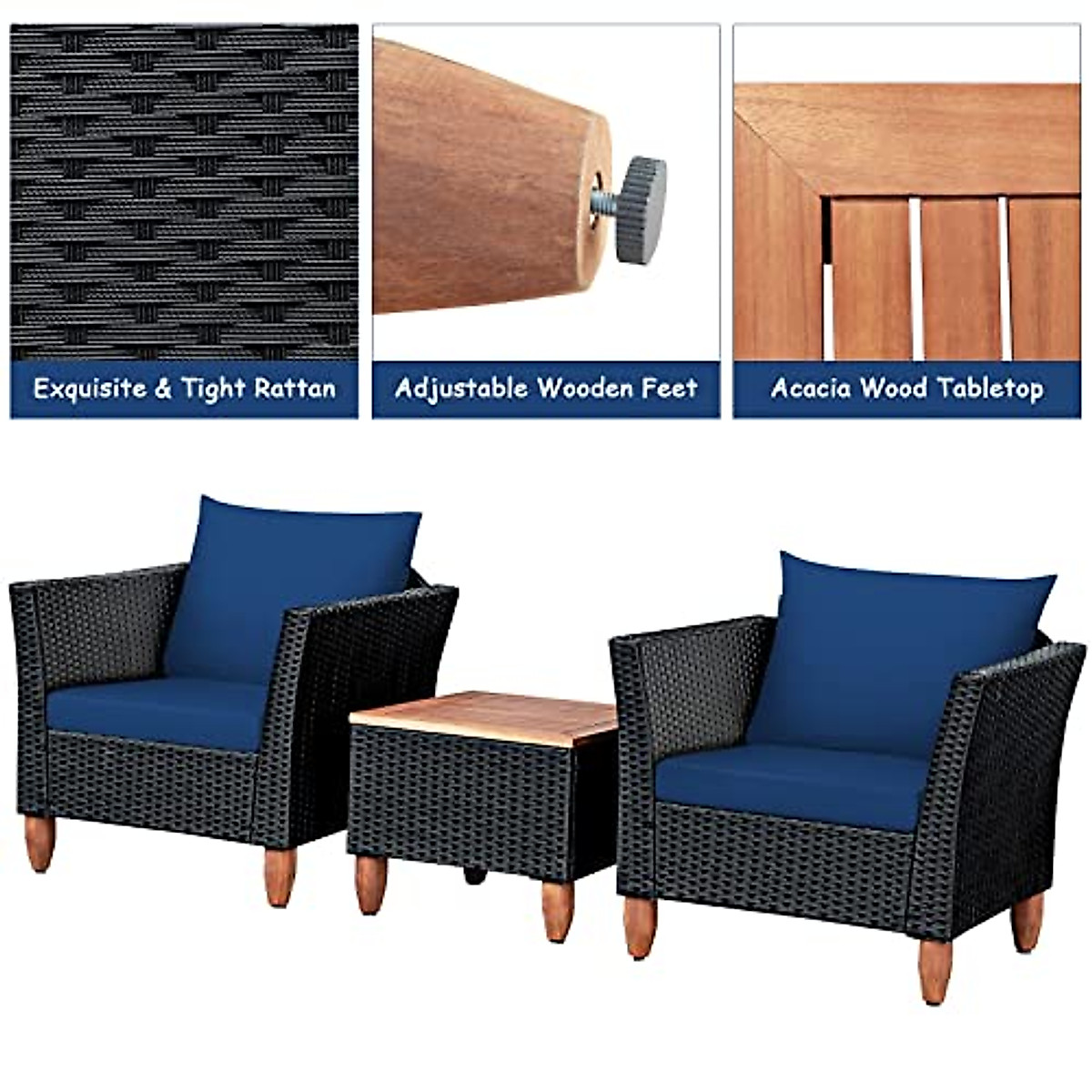 Tangkula 3 Piece Patio Furniture Set, Patiojoy Outdoor Wicker Rattan Bistro Sofa Set w/Washable Cushion, Acacia Wood Top Coffee Table, Conversation Set for Balcony Backyard Porch (Blue)