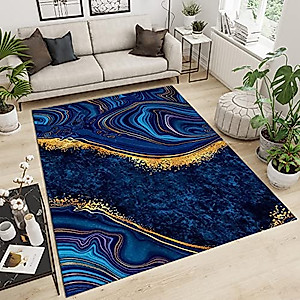 Classic Royal Blue Marble Area Rugs, Luxury Gold Splashed Ink Living Room Rug, Soft Washable Printed Fade Resistant No Crease Rug for Hallway Floor Nursery Bedroom Study Room, 2x3ft