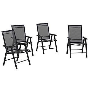 Outsunny Set of 4 Patio Folding Chairs, Stackable Outdoor Sling Patio Dining Chairs with Armrests for Lawn, Camping, Dining, Beach, Metal Frame, No Assembly, Black