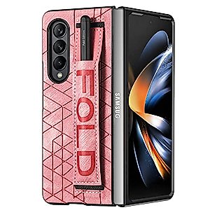 Omio Designed for Samsung Galaxy Z Fold 3 Leather Case with S Pen Holder & Strap, Wrist Strap Leather Back Cover Case Hard PC Shockproof Finger Grip Case for Galaxy Z Fold 3 Men Women Girls, Pink