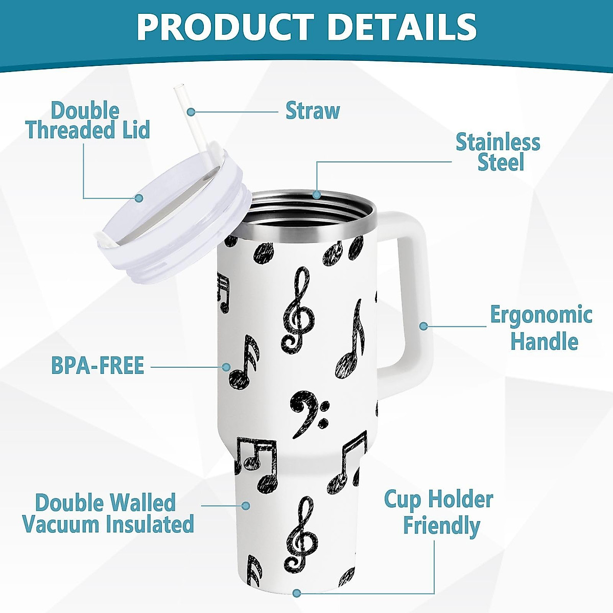 Blueangle 30 oz Music Notes Icon Tumbler with Handle and Straw Lid, Insulated Cup Reusable Stainless Steel Water Bottle Travel Mug（591）