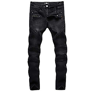 ZLZ Black Biker Jeans for Men Slim Fit, Men's Comfy Stretch Ripped Distressed Biker Jeans Pants Rock, Designer Jeans, Size 34