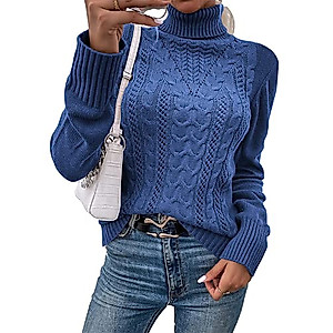 Hongqizo Women Casual Turtleneck Long Sleeve Sweater Cable Knit Pullover Solid Slim Fit Sweater Turtleneck Tops Navy