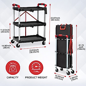 Towallmark Portable Folding Service Cart, 3 Tier Folding Utility Cart, Collapsible Utility Carts for Office, Warehouse, and Home, 56 Lbs Load Capacity per Shelf (Black & Red)