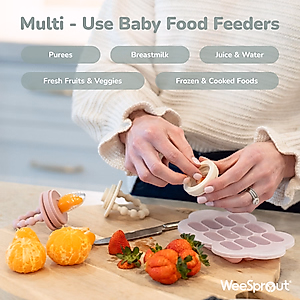 WeeSprout Silicone Baby Food Feeders + Freezer Tray for Batch Prep, Set of 2, Introduce New Foods Safely, Double as Teething Toys, Includes 2 Extra Pouches & Travel Lids, Dishwasher Safe