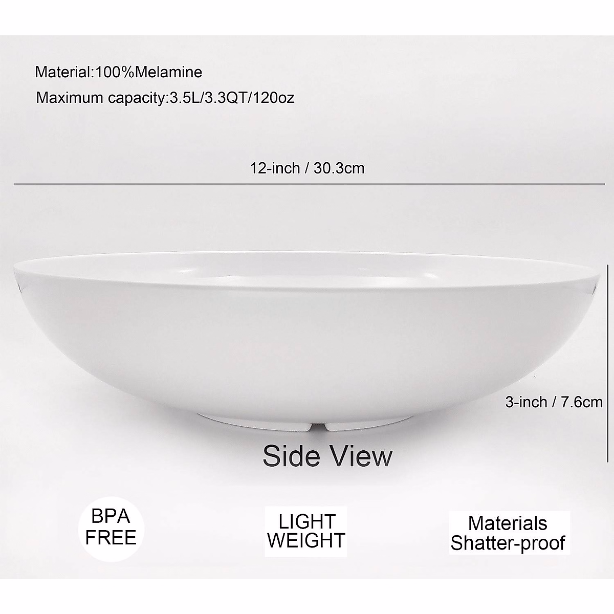 KX-WARE 12-inch Melamine Serving Bowls - Larger Salad Bowls Mixing Bowls, Set of 2 White | Break-resistant 100% Melamine Bowls | Dishwasher Safe, BPA Free
