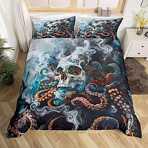Octopus Skull Duvet Cover Set King Size,Colorful Octopus Tentacles Bedding Set 3Pcs,Trippy Smoke Swirl Comforter Cover for Kids Girls Boys Teens Room Decor,Horror Sea Life Quilt Cover,2 Pillowcases