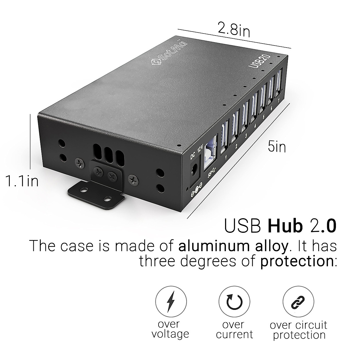 SotMa - USB 2.0 Hub - 7 Port Powered USB Hub Splitter - USB Port Expander with 12V 3A Power Adapter, LEDs and Mounting Bracket - Black