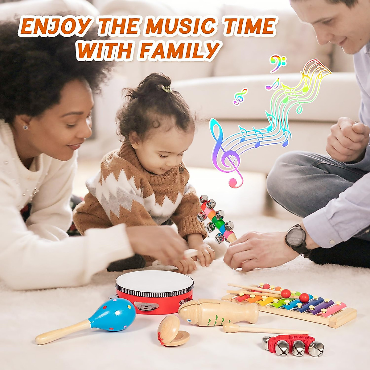 Toddler Musical Instruments Set, 10Pcs 7 Types Wooden Percussion Instruments Tambourine Xylophone Toys for Kids Children, Preschool Education Early Learning Musical Instruments for Toddlers