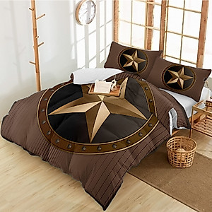 Alandar Home Duvet Cover Sets Farm Western Star Metal Country Texas,3 Piece Bed Set Ultra Soft Quilt Covers and Pillowcases,Vintage Farmhouse Brown Microfiber Bedding Set for Bedroom Guest Room Dorm