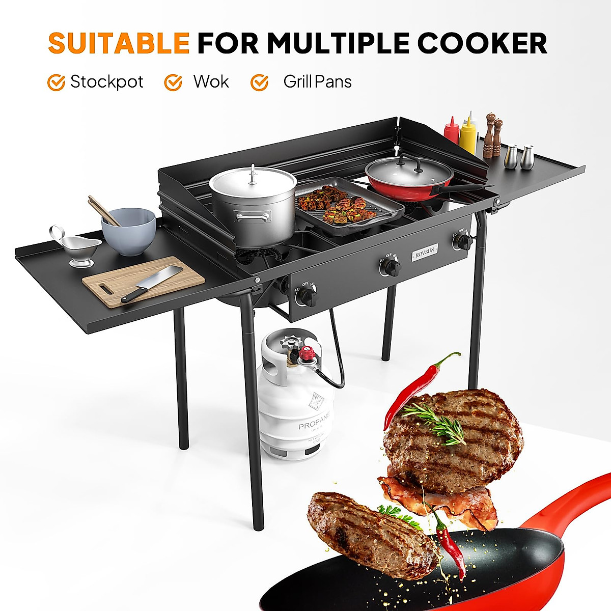 ROVSUN 3 Burner Gas Stove with 2 Side Shelves, 225,000BTU Portable Propane Stove with Removable Leg, Wind Panel, Regulator for Camping Home Backyard Outdoor Cooking Brewing Canning Turkey Frying