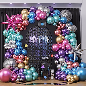 Chrome Balloon Arch Garland Kit for Disco Party Decorations,148Pcs Metallic Hot Pink Red Blue Gold Silver Disco Ball Balloons for 80s 90s Birthday Galaxy Graduation Prom New Year Party Decor