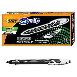 BIC Gel-ocity Quick Dry Gel Pen, Fine Point (0.5mm) - Box of 12 Black Gel Pens