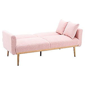 yunqishi JIANJIE 65.35" Modern Teddy Fabric Futon Sofa Bed, Small Sleeper Sofa Loveseat with 2 Pillows for Small Spaces, Upholstered Convertible Couch for Living Room Bedroom Office (Pink)
