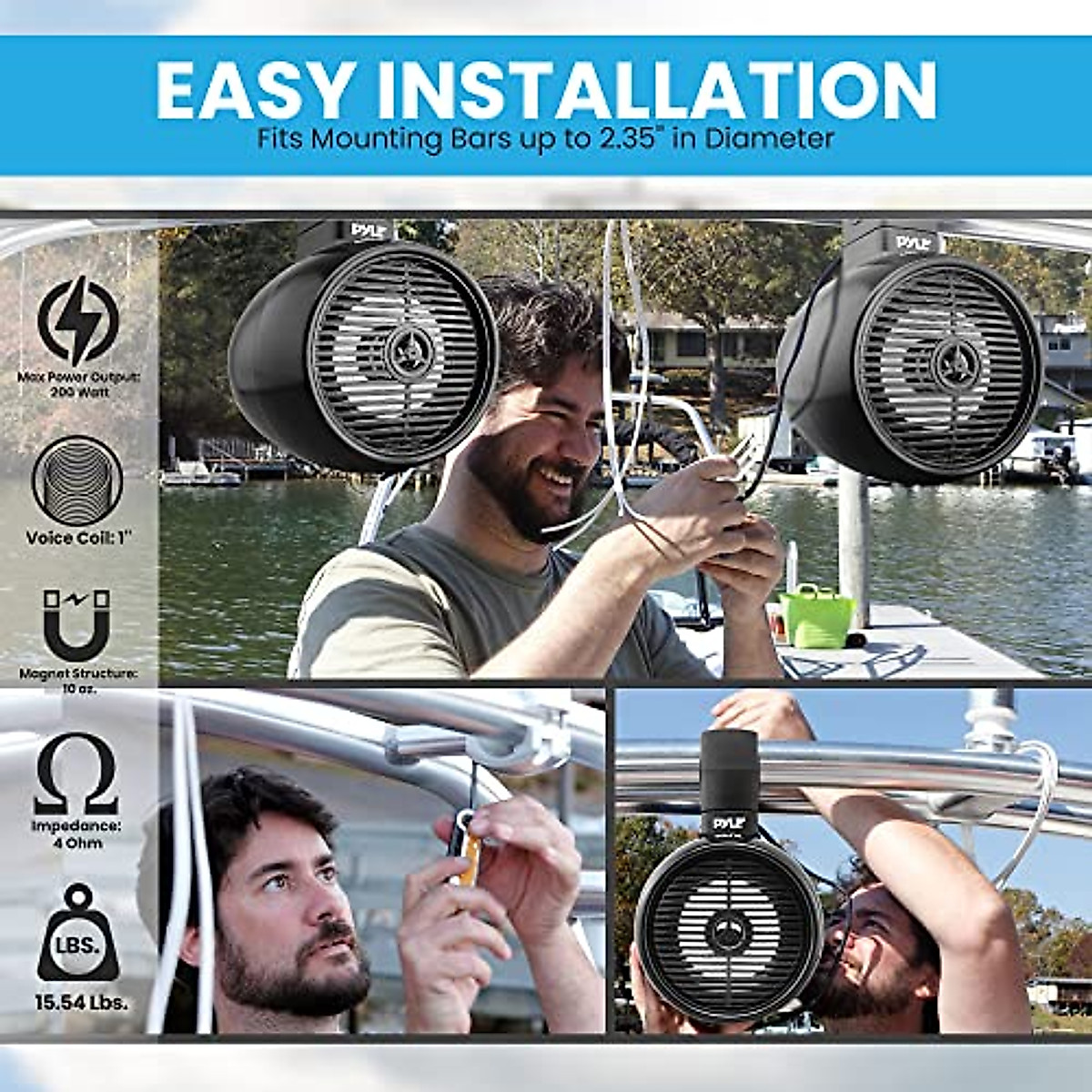 Pyle 6.5” 2-Way Marine Wakeboard Tower Speakers w/LED Lights, Full Range Waterproof Outdoor Speakers for Off-Road ATV, UTV, Jeep or Boat (Black)