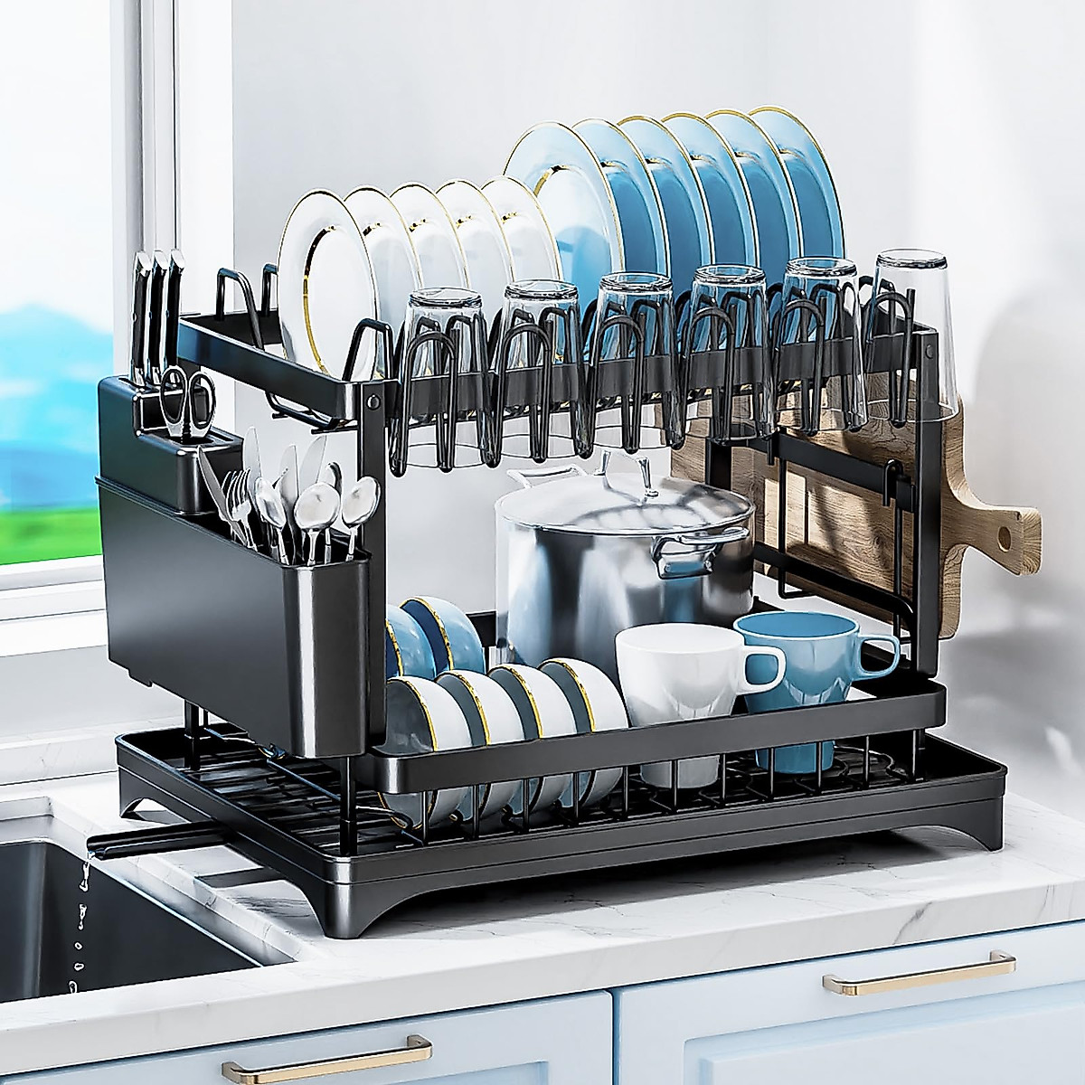 TAILI Dish Drying Rack for Kitchen Counter with Drainboard, Large 2 Tier Dish Rack and Drainboard Set with Cutlery Holder, Cup Holder & Utensil Holder, Rustproof Sink Dish Drying Rack