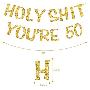 BEISHIDA Gold Holy Shit You're 50 Banner，NO DIY - Gold Holy Shit You're Old Banner,Pre-Strung - Gold Glitter Happy Birthday Garland,Gold Birthday Sign for 50th Party Decorations & Decor