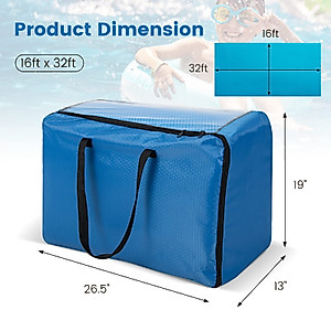 GYMAX Pool Cover, 16 FT x 32 FT 12-mil Solar Pool Cover with Carry Bag, Heat Retaining Rectangle Bubble Cover Floating Spa Blanket for Tub, In-Ground & Above Ground Swimming Pools (Blue)