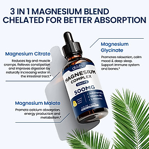 Magnesium Glycinate Liquid Drops, Triple Magnesium Complex Supplement with Citrate, Malate 500mg Ashwagandha, L-Theanine, Vitamin B6 for Sleep, Calm, Stress Relief, Bone, Muscle, Mood - Lemon Flavor