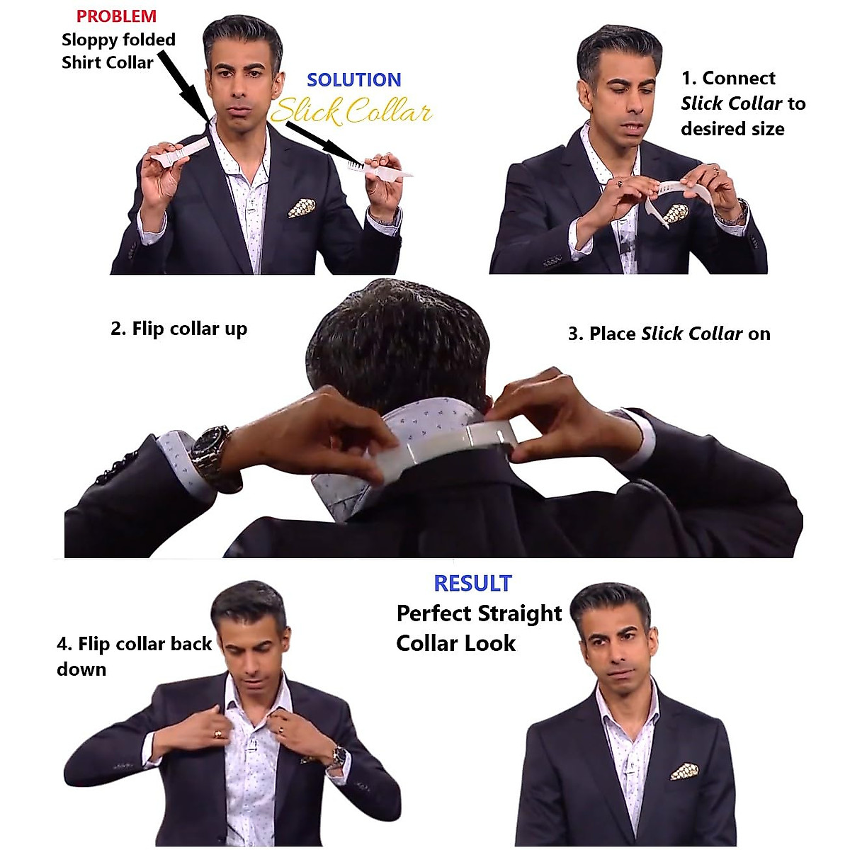 Shirt Collar Support System set with 3 adjustable, 10 premium Collar Stays & a Durable tin Travel EDC Box in White