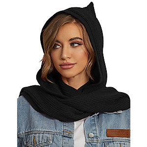 Women Winter Knitted Hooded Long Scarf Warm Shawl Head Scarves Black One Size