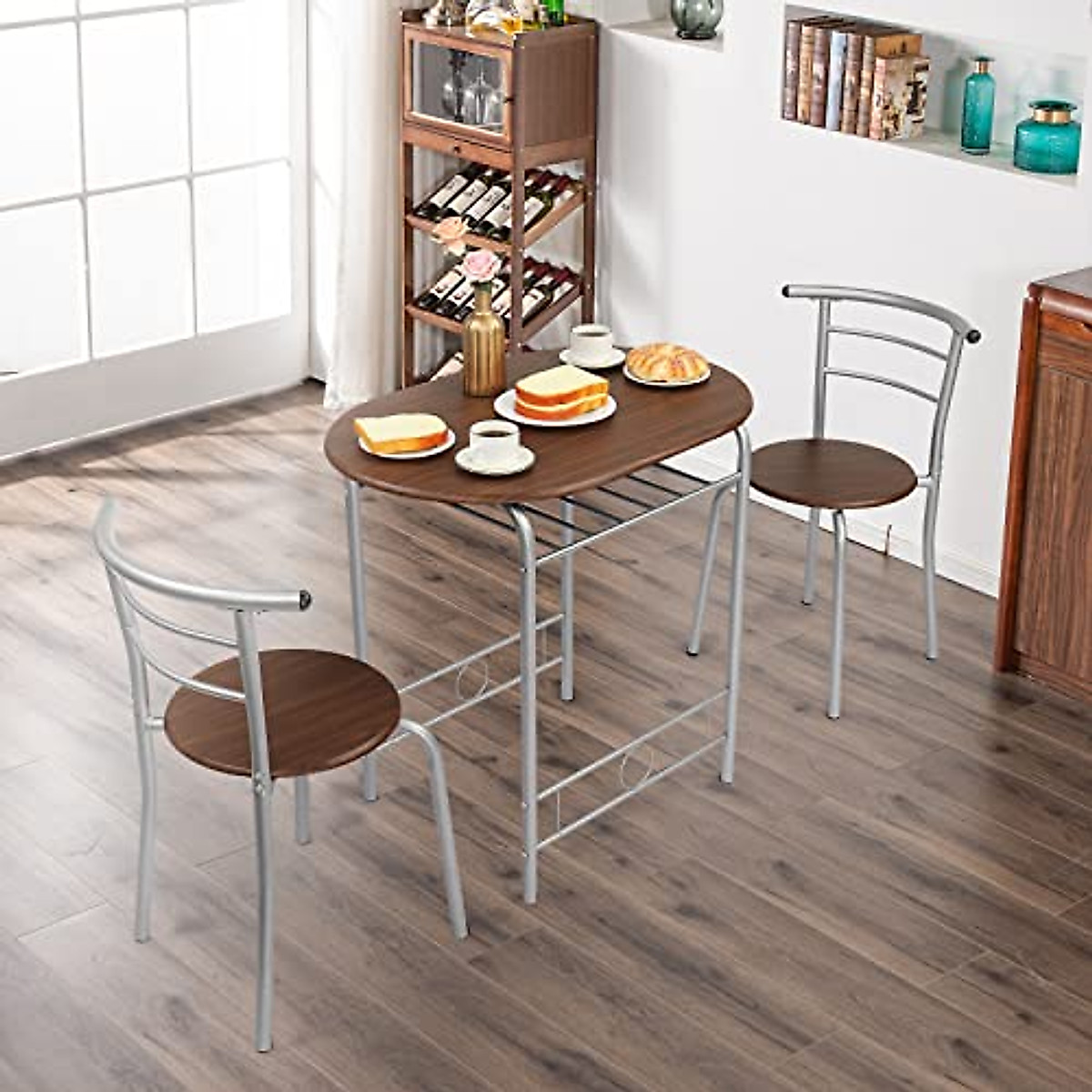 VINGLI 3 Piece Dining Set,Small Kitchen Table Set for 2,Breakfast Table Set,Kitchen Wooden Table and 2 Chairs for Small Space/Dining Room/Apartment,Metal Frame,Wine Rack,Sliver&Brown