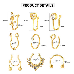 Viallct 9Pcs Fake Nose Rings Stainless Steel Fake Nose Ring Hoop Inlaid CZ Non Piercing Clip On Nose Hoop Septum Ring Faux Piercing Jewelry for Women Men