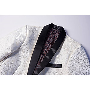 Men's Luxury Floral Tuxedo Jacket Paisley Jacquard Shawl Lapel Dress Suit Embroidered Wedding Blazer Sport Coat (White,Large)