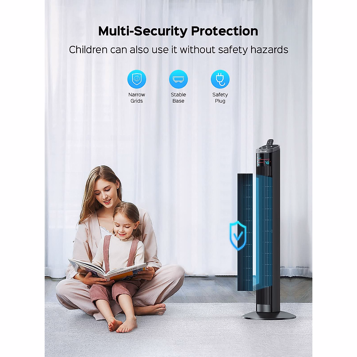 ZICOOLER 37" Tower Fan, Large Airflow 70° Oscillating Fan with Remote, 32dB Quiet Fan with 3 Modes, LED Display, 15H Timer, 3 Speeds, Standing Fan for Bedroom, Home, Office