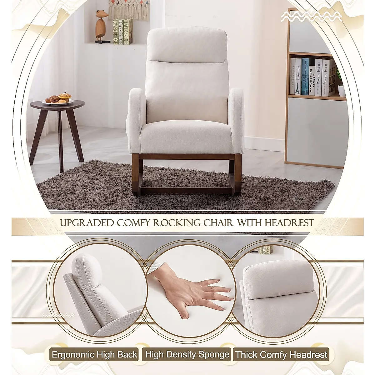 KINFFICT Comfy Rocking Chair, Upholstered Accent Glider Rocker for Baby Nursery or Relaxation, Living Room Armchair with High Back and Headrest, Modern Rocking Glider with Side Pocket, Beige