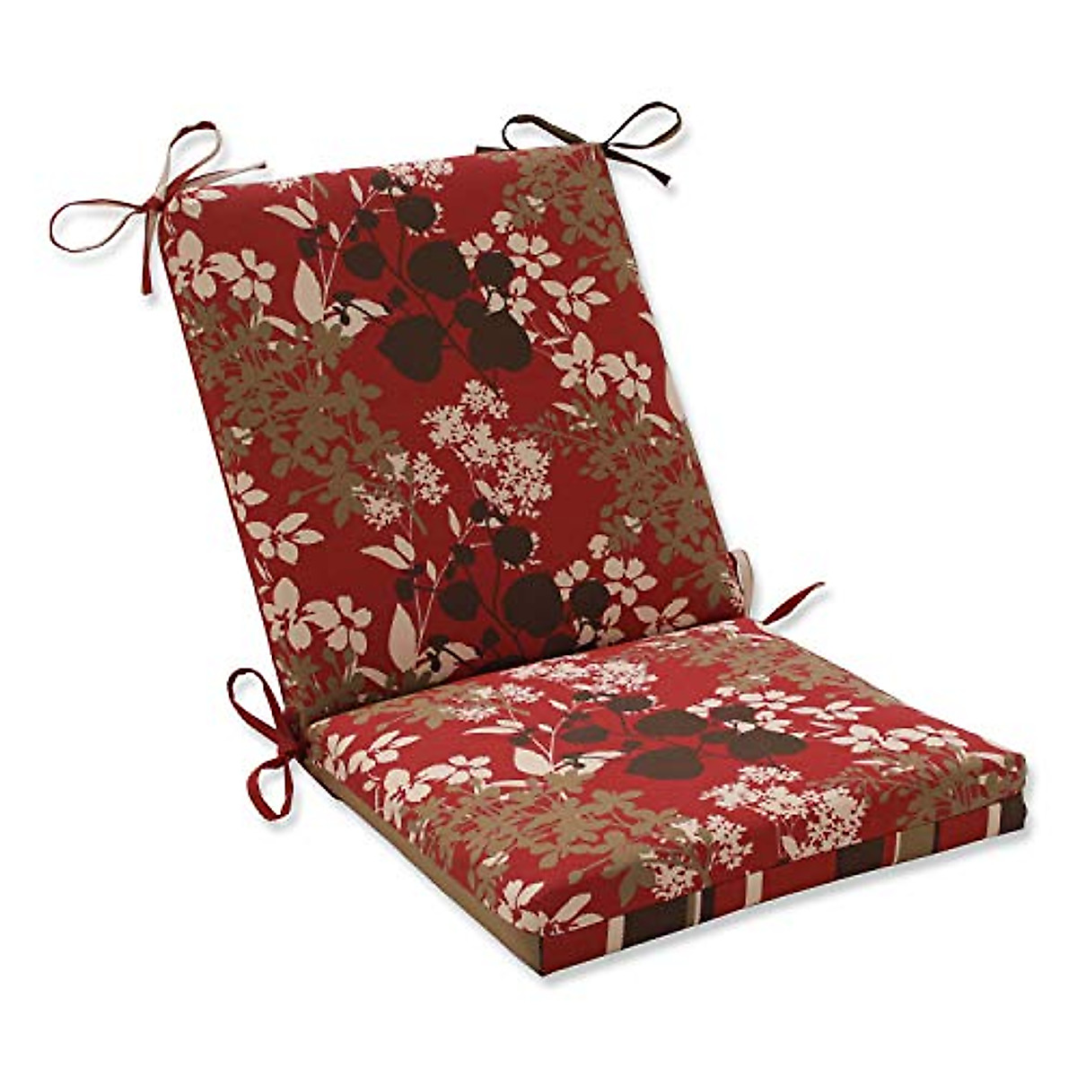 Pillow Perfect Reversible Floral Stripe Indoor/Outdoor Solid Back 1 Piece Square Corner Chair Cushion with Ties, Deep Seat, Weather, and Fade Resistant, 36.5" x 18", Brown/Red Monserrat, 1 Count
