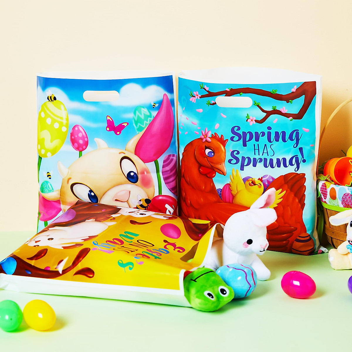 JOYIN 72 Pcs Easter Gift Bags 13" x 14.8", PE Easter Theme Gift Goodie Bags Party Treat Bags for Easter Egg Hunt, Easter Kids Party Favor Supplies