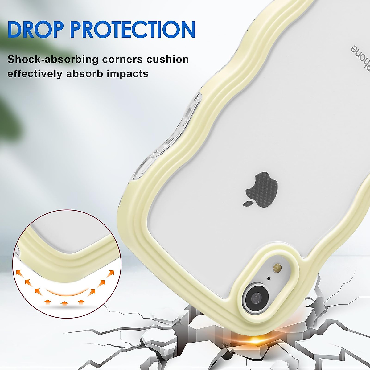 Anuck for iPhone XR Case Wavy Edge Clear Back Design, Anti-Slip Grip Cute Wave Curly Frame Shape Shockproof Soft TPU & Hard Bumper Protective Phone Case Cover for Women Girls, Yellow