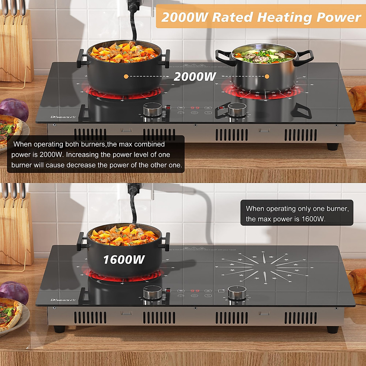 Disaenvir 2 Burner Electric Cooktop 110V - 24 Inch Ceramic Stove Top Countertop & Built-in, 2000W Two Burner Radiant Electric Cook Top with LCD Touch & Knob Control, Timer, Safety Lock, 120V Plug in