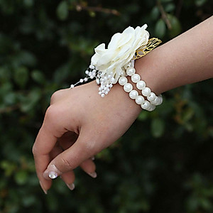 XAN Bridesmaid Wrist Flower Corsage Bride Silk Wrist Flower, with Artificial Pearl Bead Elastic Bracelet Wristband Gold Leaf, Used for Wedding Ball Hand Flower Decoration (Creamy & Wrist Flower)