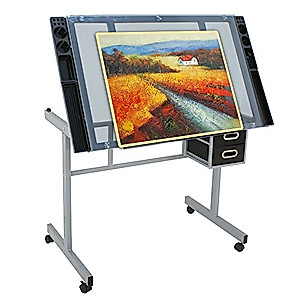 JupiterForce Adjustable Drafting Table Drawing Desk Art Desk Versatile Art Craft Work Station Glass Tabletop w/2 Slide Drawers and Wheels for Reading, Writing, Painting Home Office
