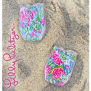 Lilly Pulitzer 12 Oz Insulated Tumbler with Lid, Blue/Pink Stainless Steel Travel Wine Glass, Double Wall Metal Cup, Best Fishes