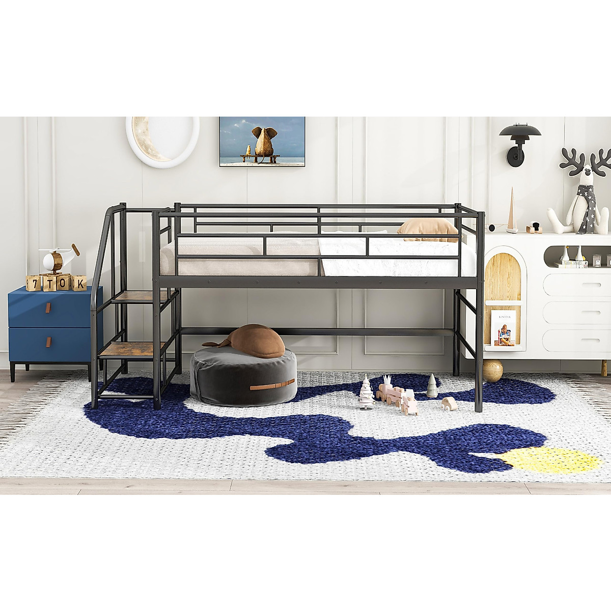 Merax Metal Low Loft Bed Frame with Full Length Guardrails, Easy Assemble Black