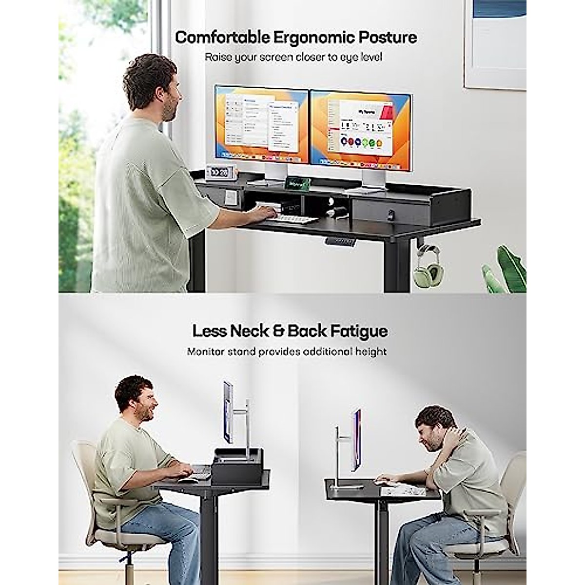 Marsail Electric Standing Desk with Dual Drawers, 55 x 24 Inches Height Adjustable Desk with Storage Shelf, Sit Stand Desk with 4 Memory Preset, 2 Storage Hooks, Stand Up Desk for Home Office, Black