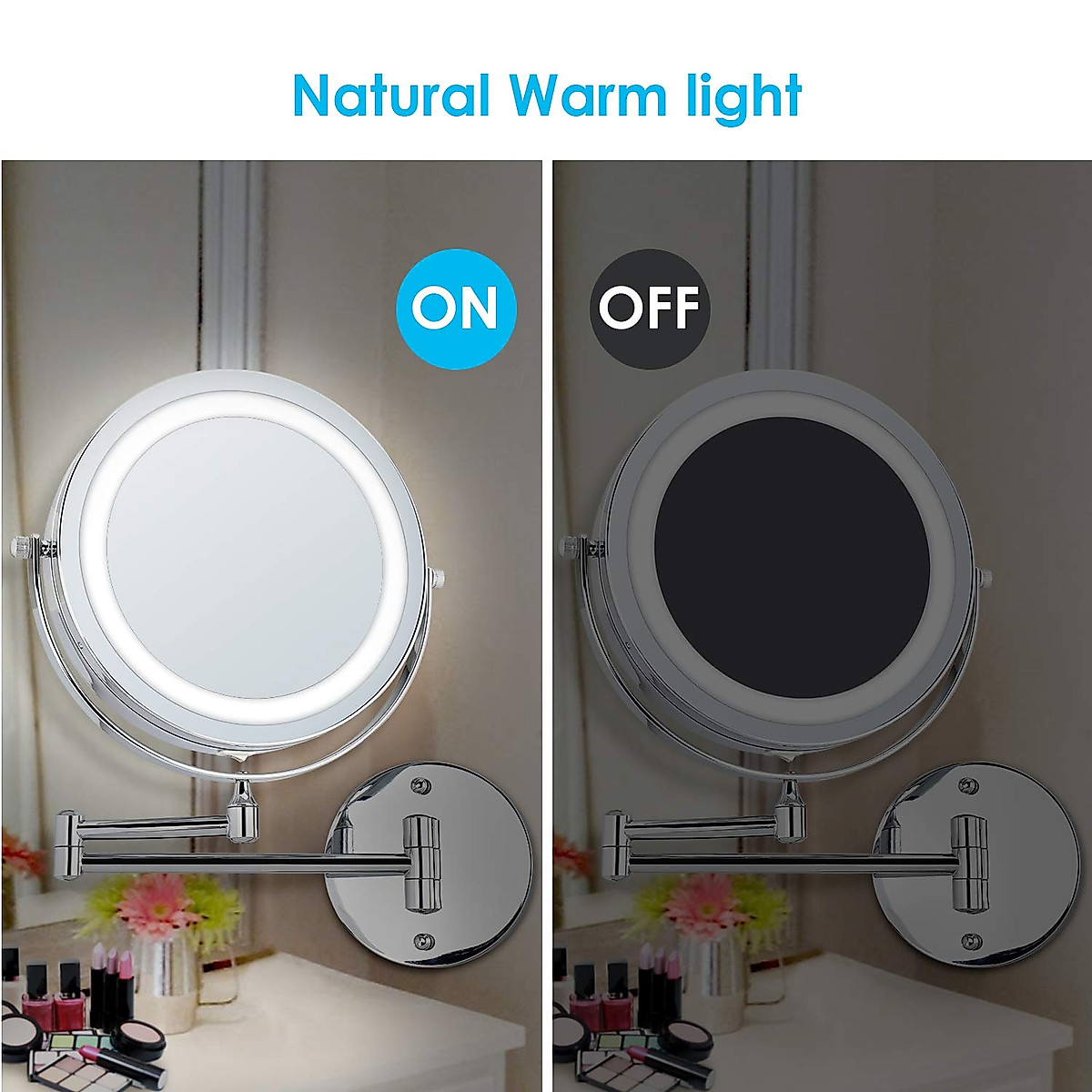 ALVOROG Wall Mounted Makeup Mirror LED Lighted Double Sided 5X Magnification 360° Swivel Extendable Cosmetic Vanity Mirror for Bathroom Hotels, Powered by Batteries (Not Included)-7 inches