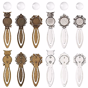 FASHEWELRY 24 Pcs 6 Styles Mixed Colors Bookmark Tray Pendant Kit Include 12Pcs Round Blank Bezel Base Setting Charms with 12Pcs Clear Glass Dome Tiles Cabochons (18mm, 20mm)