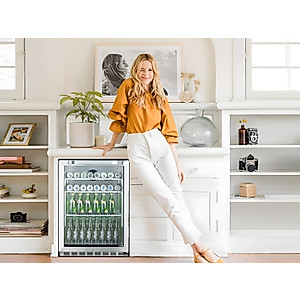 HCK 24 inch Freestanding/Built-in Beverage Cooler Refrigerator with 5.12 cu. ft. 161 cans Capacity, Undercounter refrigerators Reversible Glass Door and Stainless Steel Body for Soda Beer and Wine