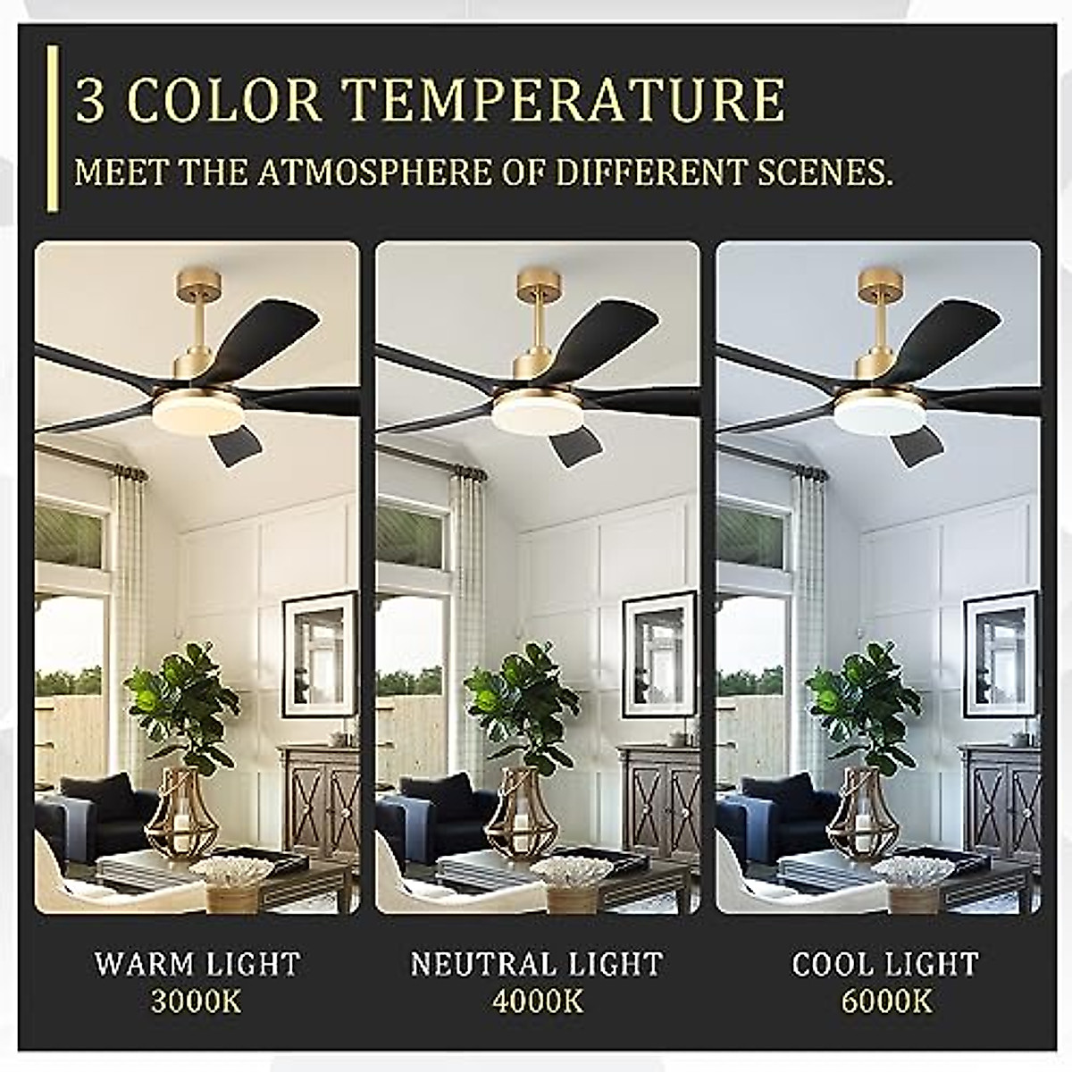 Ceiling Fan with Light 60 Inches Black and Gold, Modern Ceiling Fan with Remote Control, Flush Mount Large Ceiling Fan with LED Lights 5 Blades 6 Speed Reversible DC Motor for Bedroom Dining Room