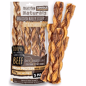 Mighty Paw Braided Bully Sticks for Large Dogs (5 Pack) | Large Bully Sticks. Best Dog Bully Sticks for Medium Dogs. Twisted Treats for All Breeds. Odor Free Bully Sticks. Thick 12” & 6” Variety Pack