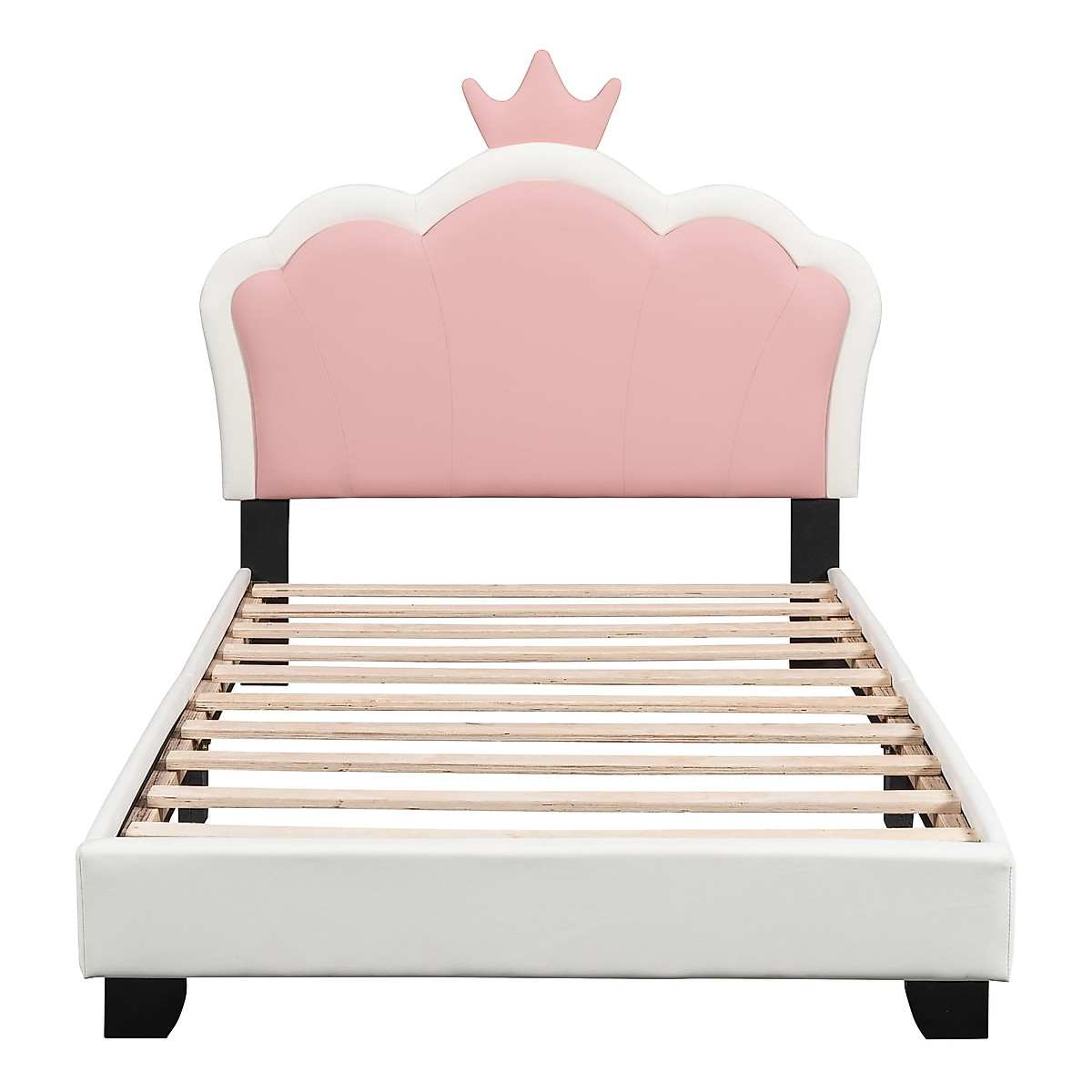 Bellemave Twin Size Princess Bed Frame with Crown Headboard, PU Upholstered Princess Twin Bed for Girls,Kids Twin Platform Bed,(Twin,White)